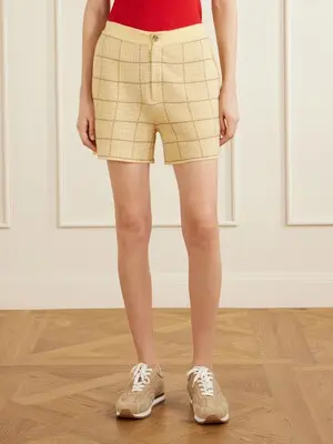 Guest In Residence Checked Knitted Cashmere And Linen-blend Shorts - Yellow