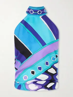 Emilio Pucci Printed Silk-twill Halterneck Top - Blue