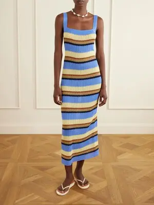 Guest In Residence Palazzo Striped Ribbed Silk And Linen-blend Midi Dress - Blue
