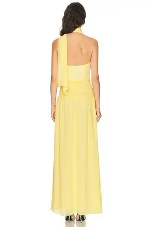 NICHOLAS Arella Deep Plunge Halter Maxi Dress - Lemon