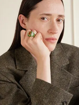 David Webb Double Stripe Ring With Topaz, Jade, And Diamonds In 18k Gold And Platinum