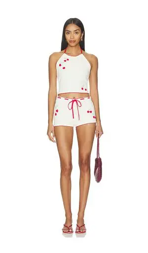 LoveShackFancy Avanyah Crochet Halter Top With Cherry Applique - Ivory