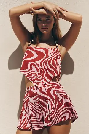 CELANDINE Scarf High Rise Wide Leg Shorts - Pink Pattern