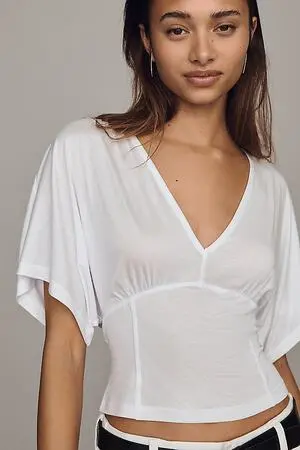 Anthropologie Silken Flutter Sleeve Crop Top - Lucent White