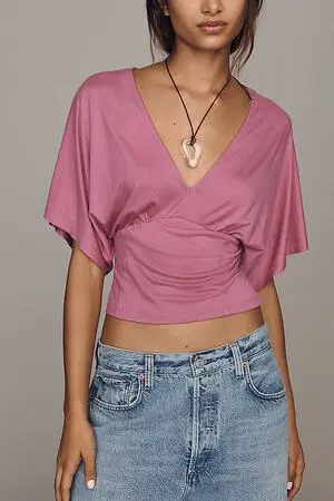 Anthropologie Silken Flutter Sleeve Crop Top - Red Violet