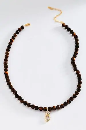 Anthropologie Beaded Pendant Necklace With Cubic Zirconia - Brown Pattern