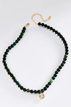 Anthropologie Beaded Pendant Necklace With Cubic Zirconia - Green Pattern