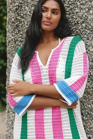 Chinti & Parker Cotton Crochet Stripe Mi Dress - Multi