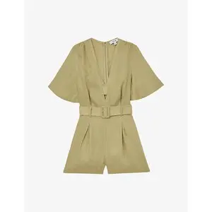 REISS Sansi Belted Linen Playsuit - Green