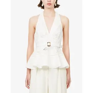 SELF-PORTRAIT Halter-neck Peplum Embroidered Linen-blend Top
