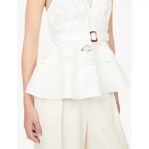 SELF-PORTRAIT Halter-neck Peplum Embroidered Linen-blend Top