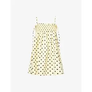 DAMSON MADDER Dot-print Shirred Cotton Mini Dress - Yellow