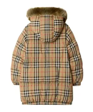 Burberry Check Nylon Puffer Coat With Faux Fur Trim