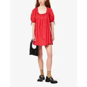 DAMSON MADDER Cotton Mini Dress With All-over Print And Drawstring Cuffs