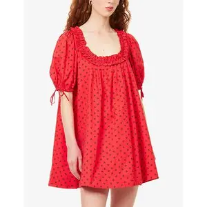 DAMSON MADDER Cotton Mini Dress With All-over Print And Drawstring Cuffs