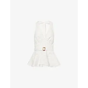 SELF-PORTRAIT Halter-neck Peplum Linen-blend Top - White