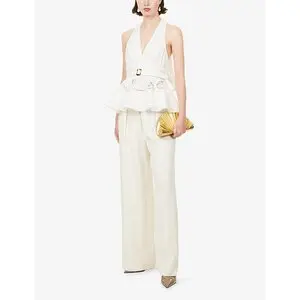 SELF-PORTRAIT Halter-neck Peplum Linen-blend Top