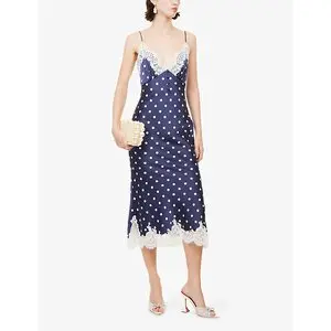 SELF-PORTRAIT Lace-trim Polka Dot Satin Midi Dress