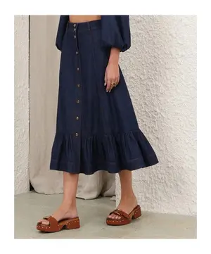 Zimmermann Aster Denim Frill Midi Skirt