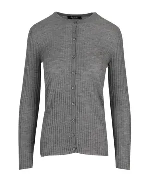 Lela Rose Ribbed Crew Neck Cardigan - Gray