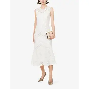 SELF-PORTRAIT Lace-insert Floral-embroidered Ramie Midi Dress