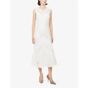 SELF-PORTRAIT Lace-insert Floral-embroidered Ramie Midi Dress