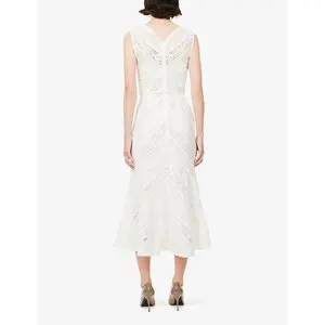 SELF-PORTRAIT Lace-insert Floral-embroidered Ramie Midi Dress