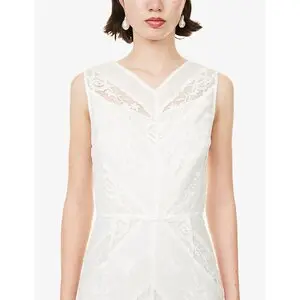 SELF-PORTRAIT Lace-insert Floral-embroidered Ramie Midi Dress