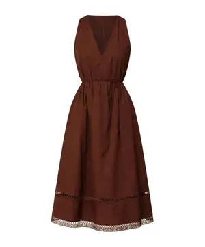 TWINSET V-neck Sleeveless Midi Dress With Waist Tie And Embroidered Details - Brown