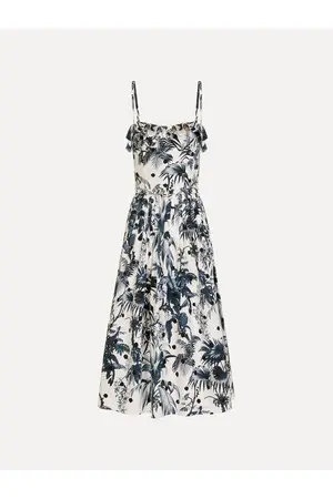 Oscar De La Renta Dotted Palm Leaves Cotton Poplin Sleeveless Dress - Red