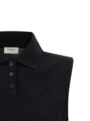 Saint Laurent Cassandre Embroidered Sleeveless Cropped Polo Shirt - Black
