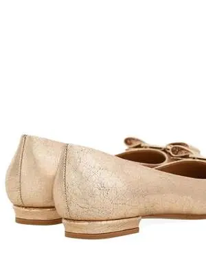 FERRAGAMO Vara Bow Craquelé Finish Leather Ballerinas - Silver
