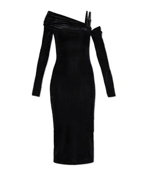 Versace Off-shoulder Velvet Dress With Buckle Detail - Black