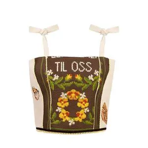 RONDOOZ Nordic Crown Hand Painted Linen Gobelin Crop Top With Antique Tapestry - Brown