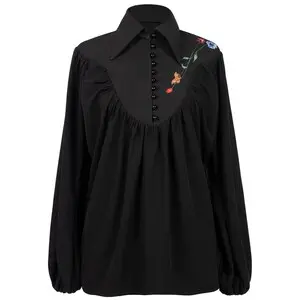 RONDOOZ Whisper Bloom Hand Painted Chiffon & Crepe Blouse With Stone Embellishment For Free Size - Black