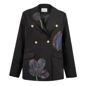 RONDOOZ Hand-painted Floral Embellished Crepe Blazer - Black