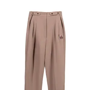 RONDOOZ Tailored Flow Hand Painted Crepe Pants With Floral Stone Embellishment & Butterfly Design - Brown