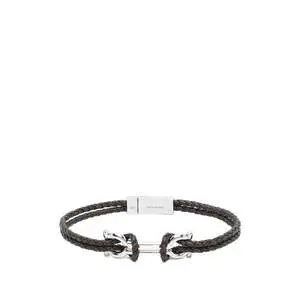 FERRAGAMO Braided Leather Gancini Clasp Bracelet - Silver