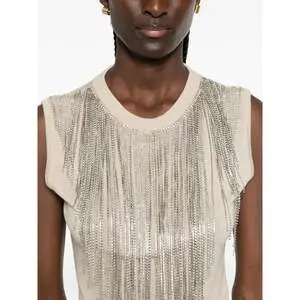 Sportmax Beige Crystal-embellished Fringe Ribbed Knit Sleeveless Crew Neck Top