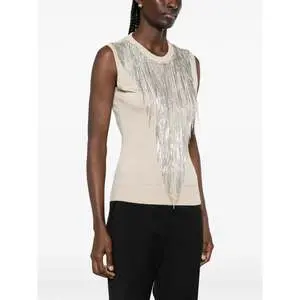 Sportmax Beige Crystal-embellished Fringe Ribbed Knit Sleeveless Crew Neck Top