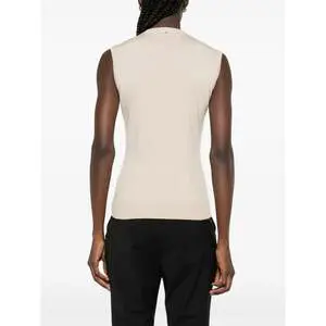 Sportmax Beige Crystal-embellished Fringe Ribbed Knit Sleeveless Crew Neck Top