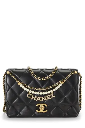CHANEL Black Quilted Lambskin Pearl Logo Flap Bag Small