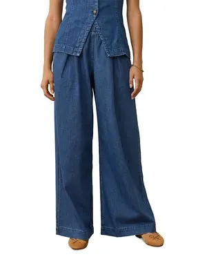 Marine Layer Allison Pleated Wide Leg Denim Pants - Medium Wash