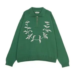 BODE Floret Wool Half-zip Polo Jumper With Floral Embroidery - Green