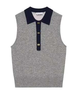 GANNI Sleeveless Polo Collar Top - Gray