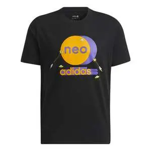 Adidas Neo Colorblock Pattern Ribbed Round Neck Cotton Short Sleeve Black T-shirt - Multi-color