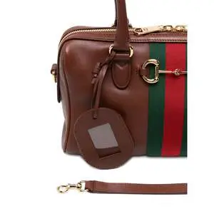 Gucci Brown Leather Tote Bag With Web Stripe Detail - Multicolor