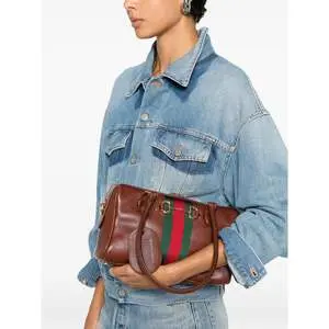 Gucci Brown Leather Tote Bag With Web Stripe Detail - Multicolor