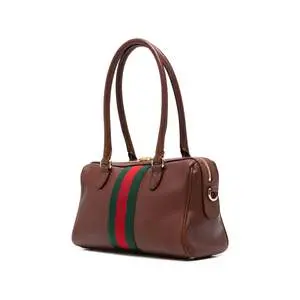 Gucci Brown Leather Tote Bag With Web Stripe Detail - Multicolor