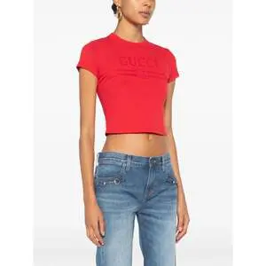 Gucci Cotton Blend Short Sleeve Crewneck T-shirt With Interlocking G Logo - Red